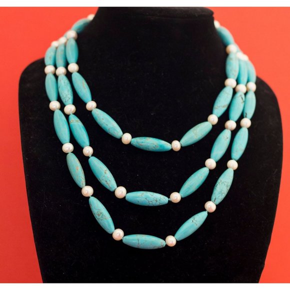 Jewelry | Threestrand Turquoise And Pearl Handmade Beaded Necklace 18 ...